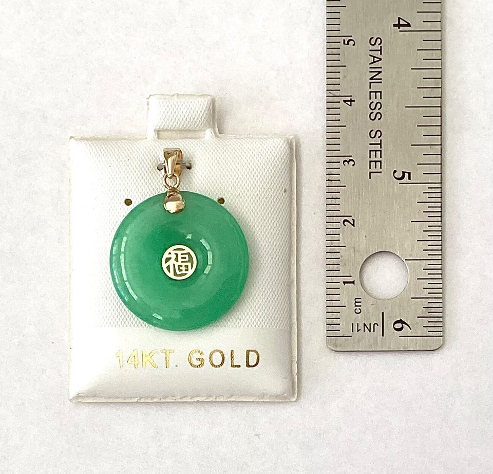 Solid 14K Yellow Gold Chinese " Good Luck " Character Round Jade ...
