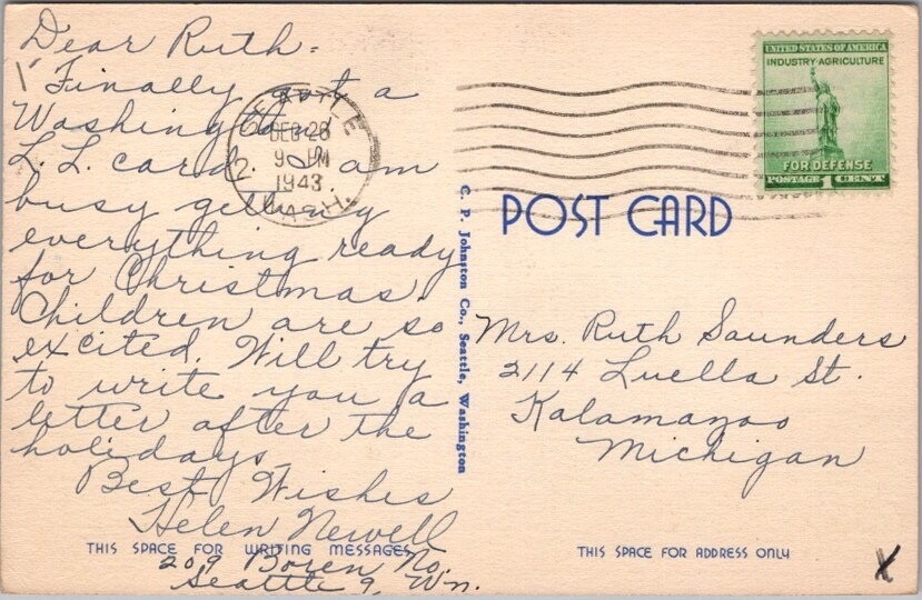 WASHINGTON Large Letter Postcard / State Flower - Johnston Linen 1943 ...