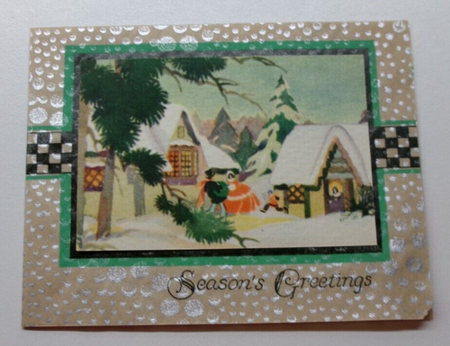Vtg. Christmas Card UNIQUE Design Paper Snow Scene Pines Homes ...