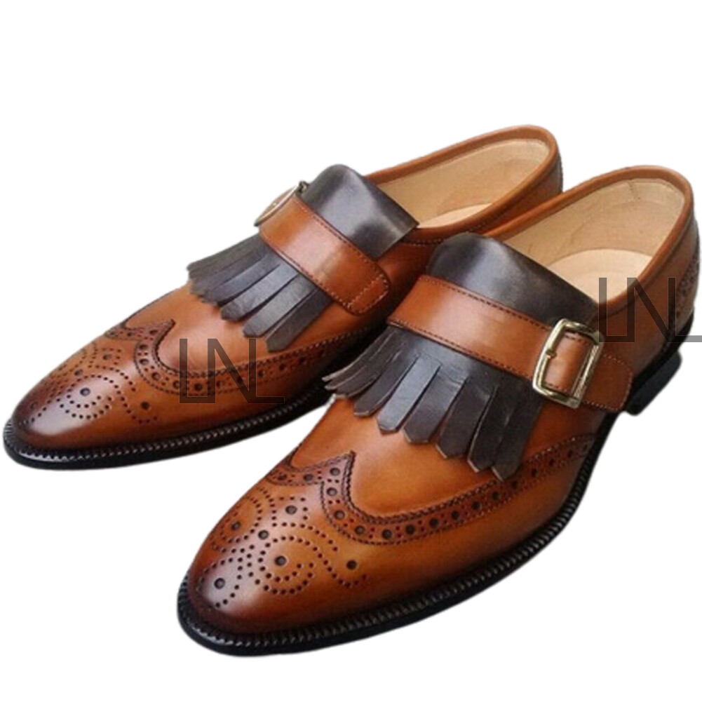 New Men's Brown Color Slip On Fringes Brogue Toe Genuine Leather Dress ...