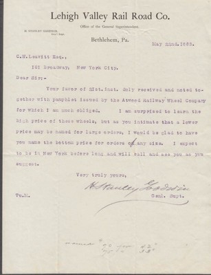 Lehigh Valley Rail Road RR Bethlehem PA business letter 5/22 1883 | eBay