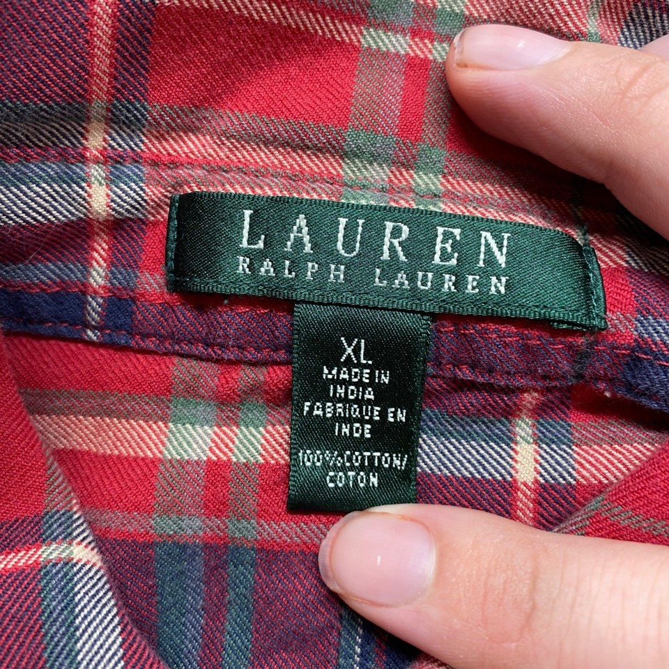 Lauren Ralph Lauren Shirt Womens XL Red Plaid Flannel Button Up Roll ...
