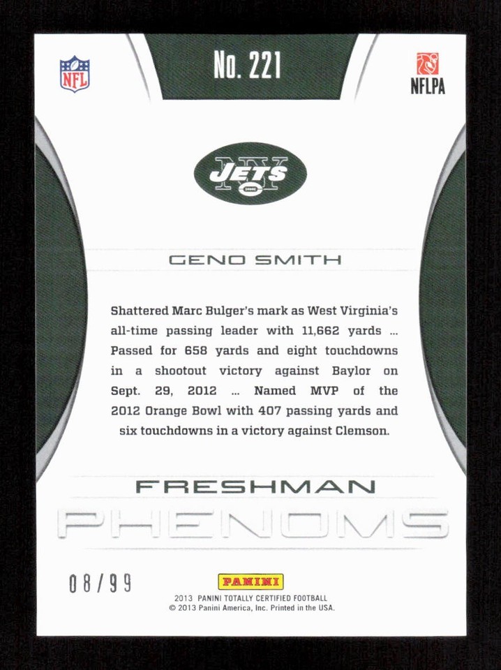 2013 Panini Totally Certified #221 Geno Smith RC Freshman Phenoms Blue ...