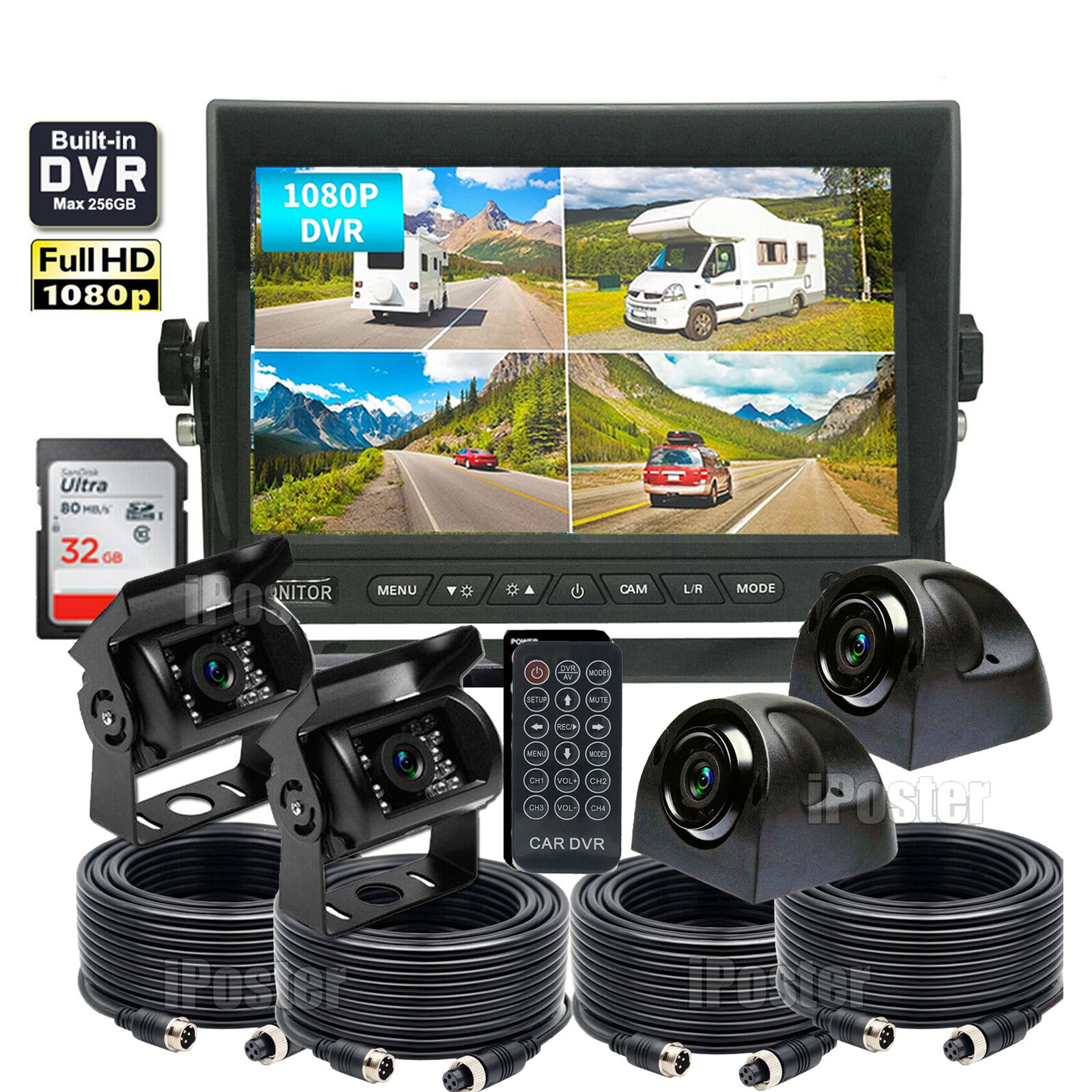 7" Quad Monitor DVR 4 Dash Cam Rear View Backup Camera for Truck Semi ...