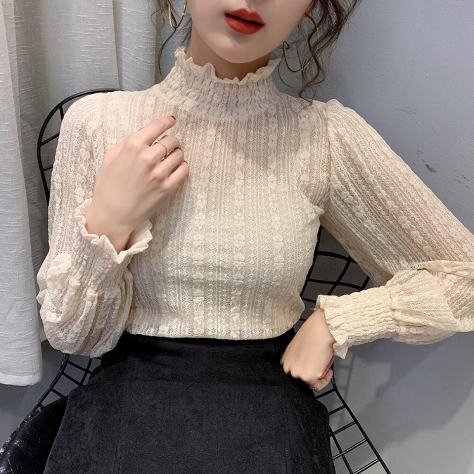 Ladies Floral Embroidered Lace Top Mesh Hollow Sheer Shirt High Neck ...