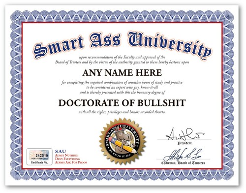 BULLSHIT AWARD CERTIFICATE Smart Ass DIPLOMA - Funny Joke Gag - Office ...