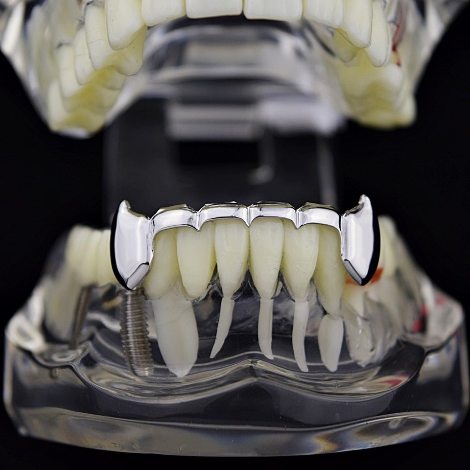 Vampire Fangs Grillz Silver Tone Bottom Teeth Canine Fang Slim Front ...
