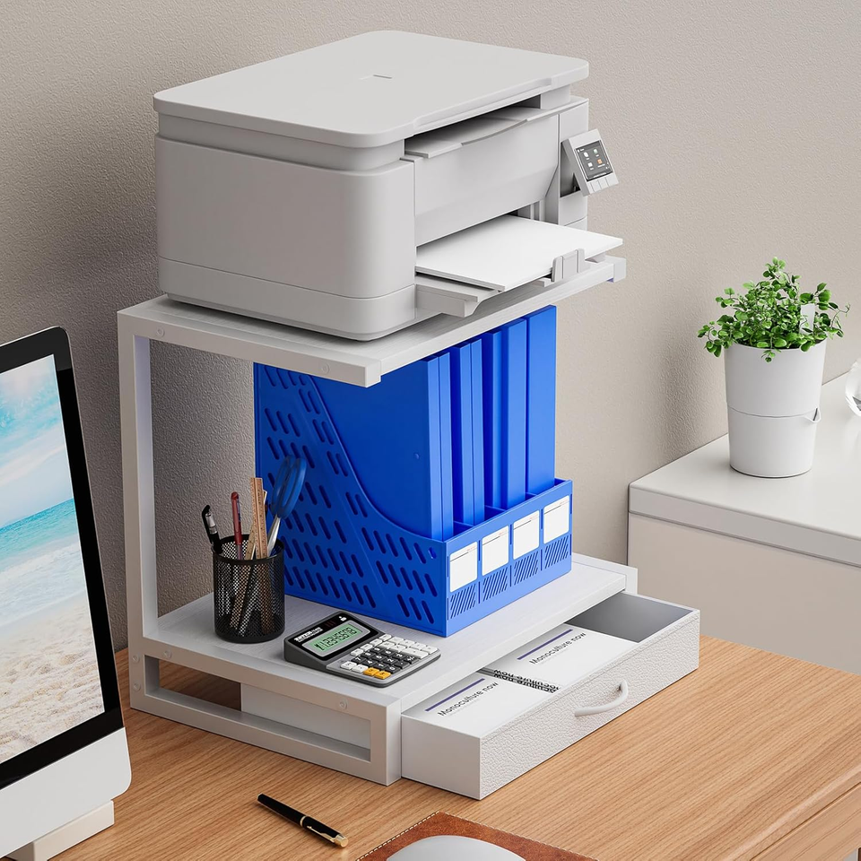 2-Tier Desktop Printer Stand with Fabric Drawer, Prtiner Table with ...