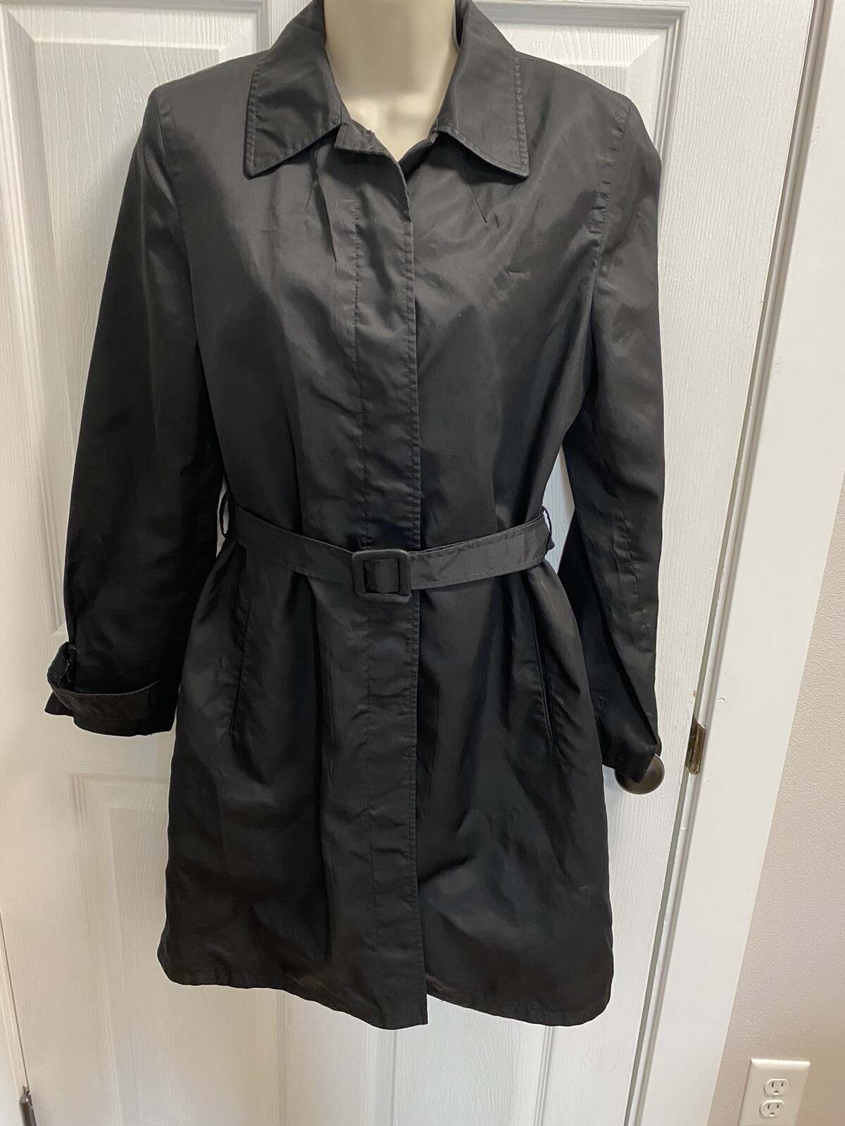 NEW Kenneth Cole Reaction Belted Black Trench Rain Coat Plaid Lined Sz ...
