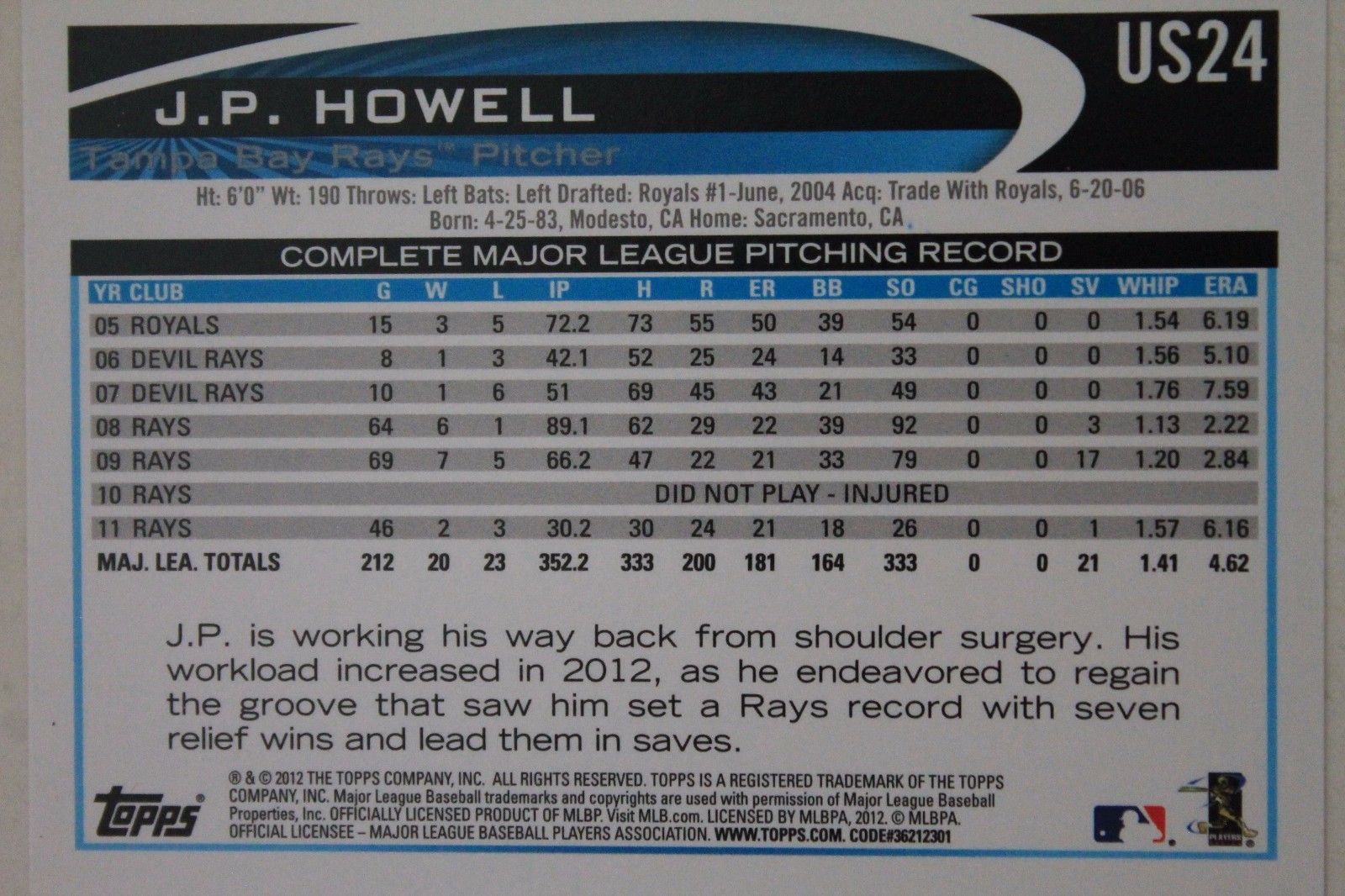 Tampa Bay Rays JP Howell Signed 2012 Topps Autograph Card #US24 TOUGH ...