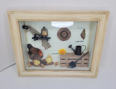 Rustic Country Farm Chickens Shadow Box Diorama Wall Hanging Vintage 14 ...