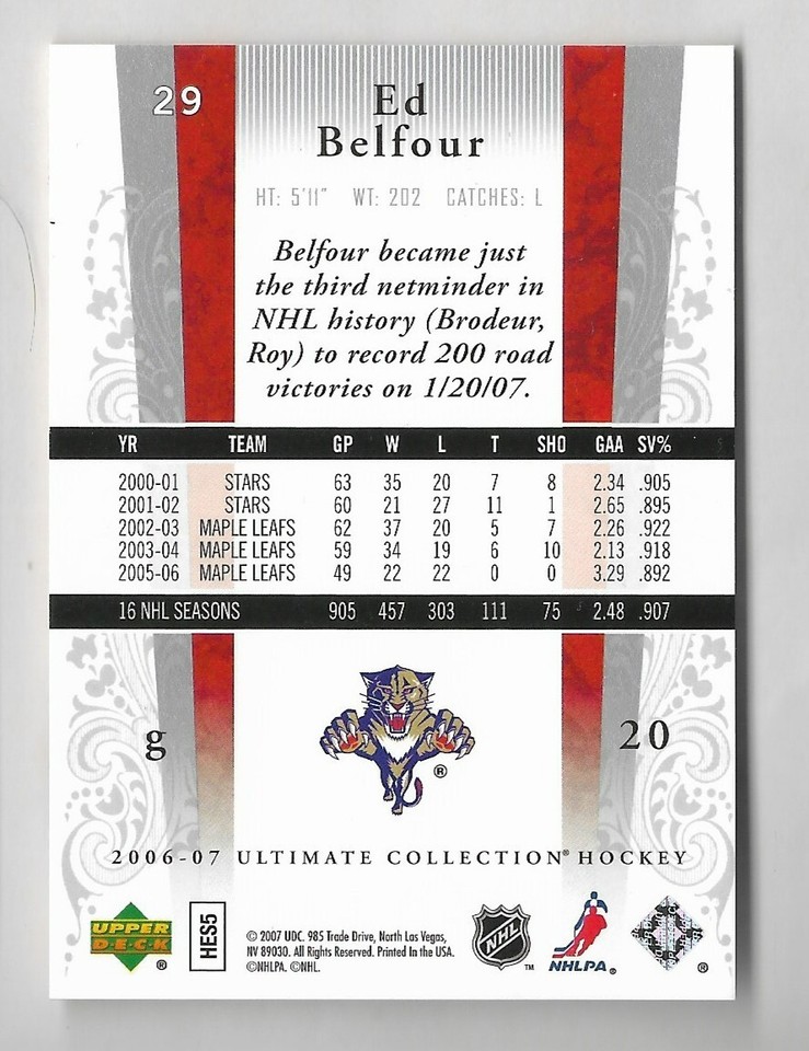 ED BELFOUR 2007-08 UD ULTIMATE COLLECTION HOCKEY SP INSERT #29 251/699 ...