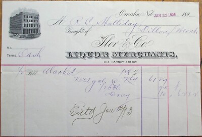 Omaha, NE 1898 Brandy and Wine Letterhead, Iler & Co. Liquor, Nebraska ...