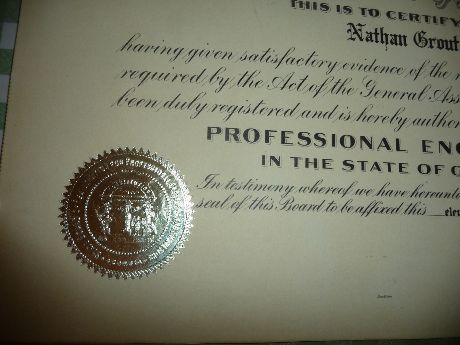 VINTAGE CERTIFICATE STATE OF GEORGIA PROFESSIONAL ENGINEER LAND SEAL ...