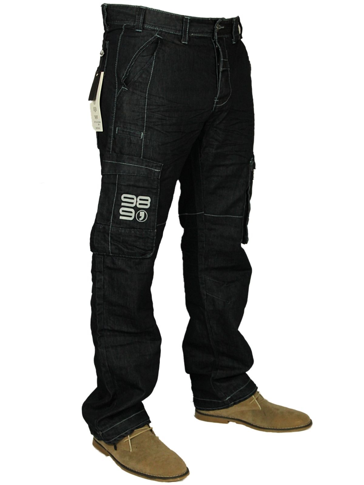 New ENZO Mens Designer Cargo Combat Blue Black Denim Jeans Pants All ...