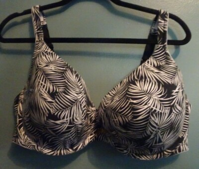 Lane Bryant Cacique 44DDD Black White Leafy Cotton Boost Push Up Plunge ...