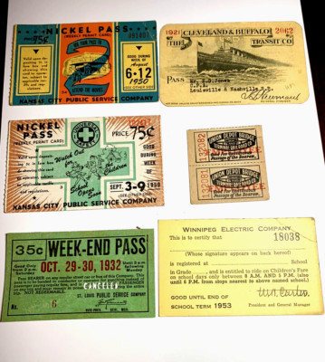6 VINTAGE STEAMSHIP/STREETCAR/TRAIN/ BUS PASSES/TICKETS 1920's-1950's ...