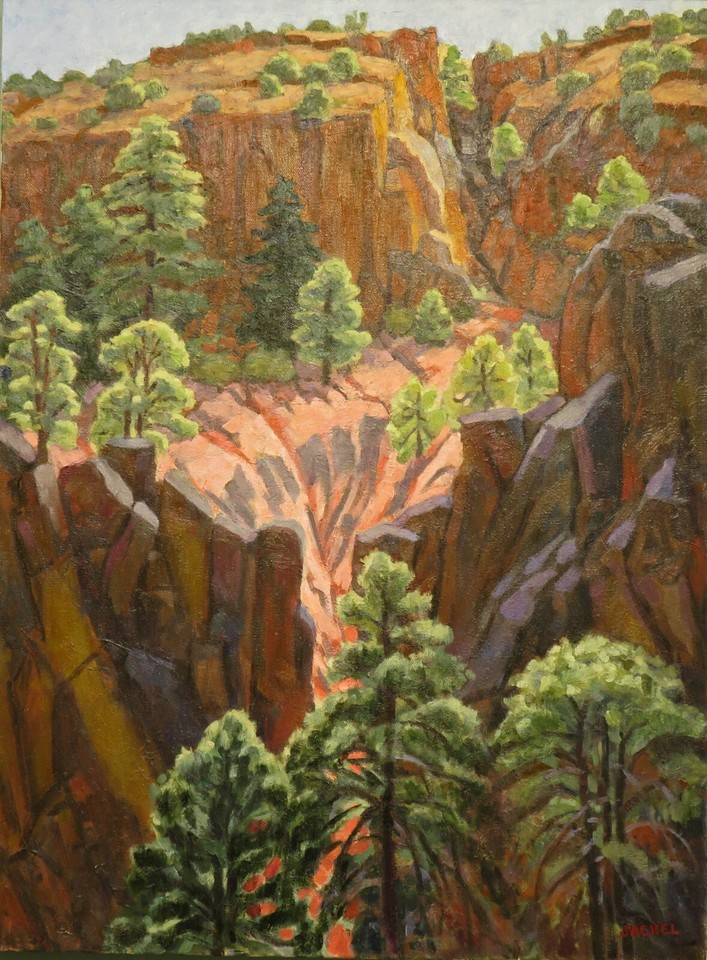 18x24" oil painting on stretched canvas of cliff trees and scree slope ...