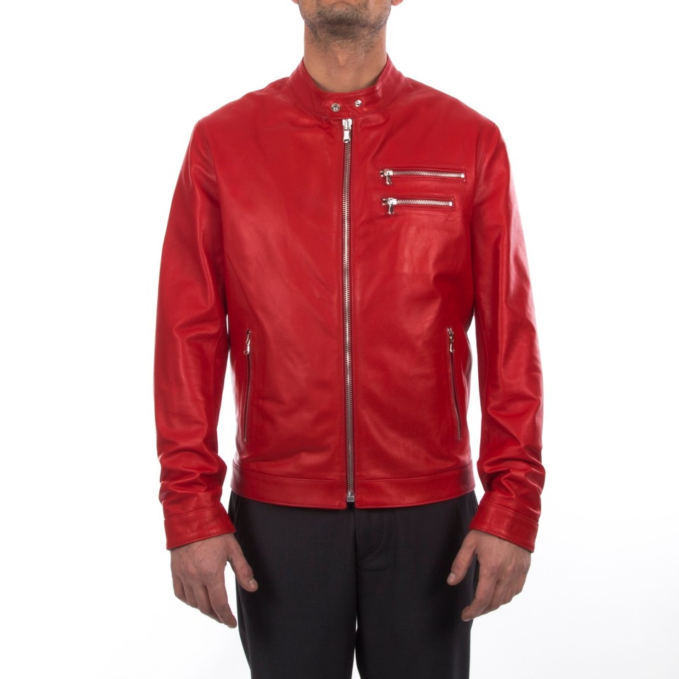 Italian handmade men genuine lamb leather slim fit jacket color RED XS ...
