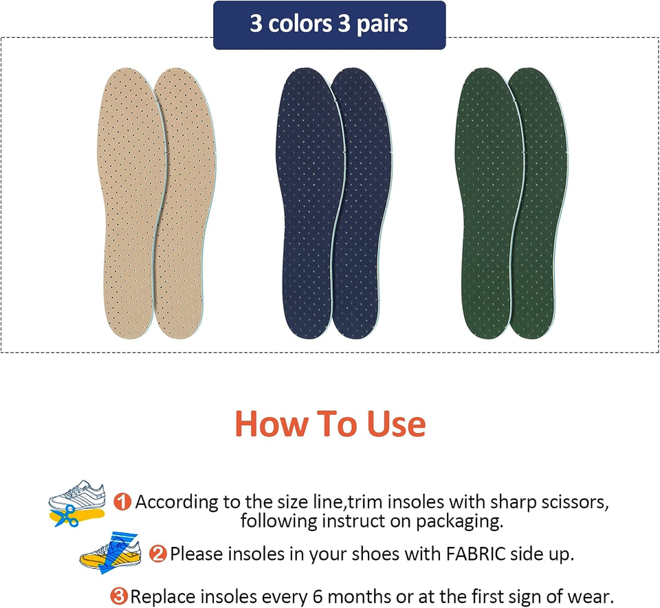 3 Pairs Breathable Shoe Insoles Inserts Soft Cushioning Double-Layer ...