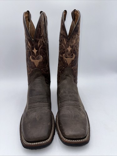Circle G Brown Embroidered Leather Square Toe Pull On Western Boots Men ...