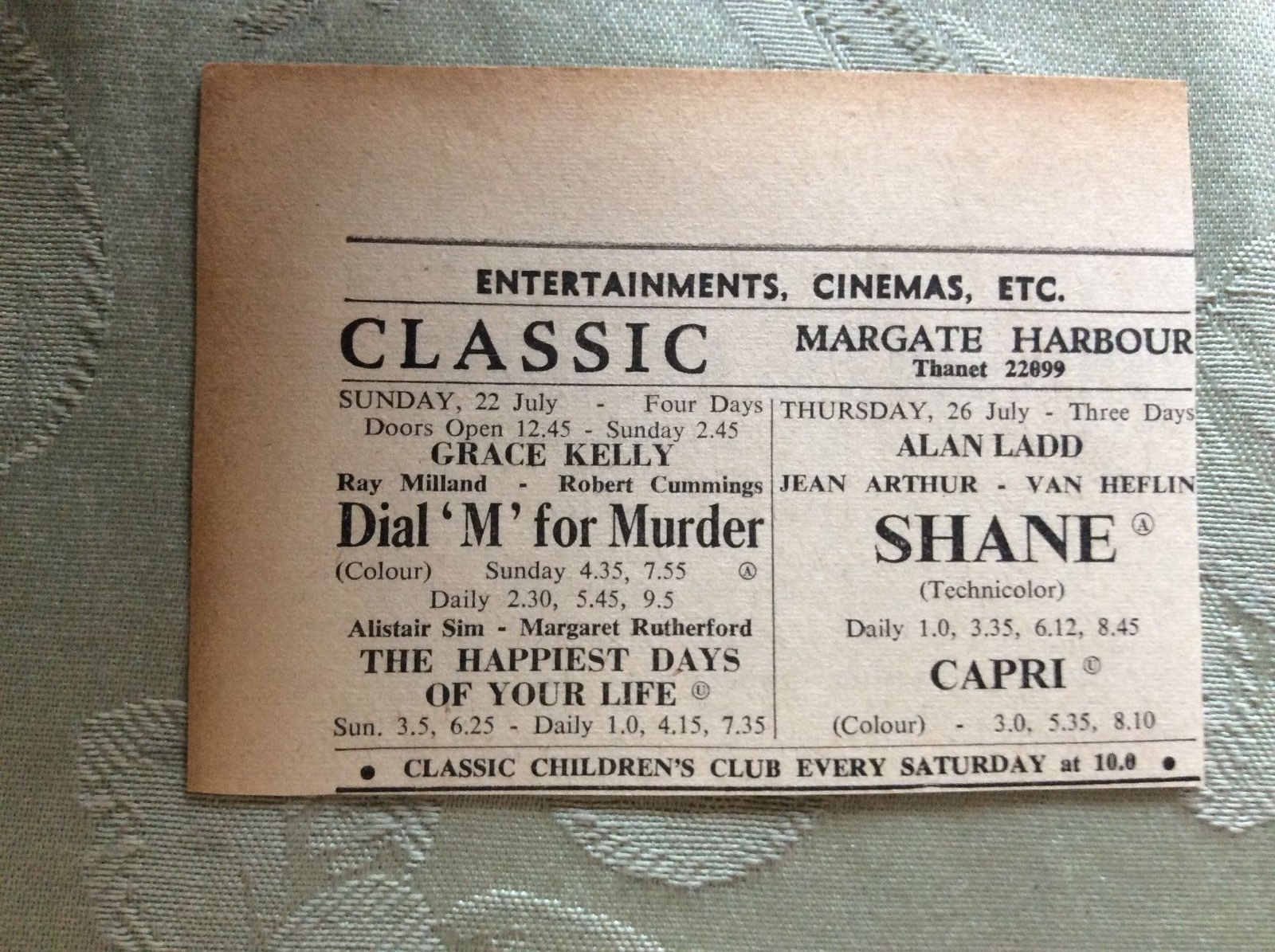 a2i ephemera 1956 advert margate classic shane dial m for murder grace ...
