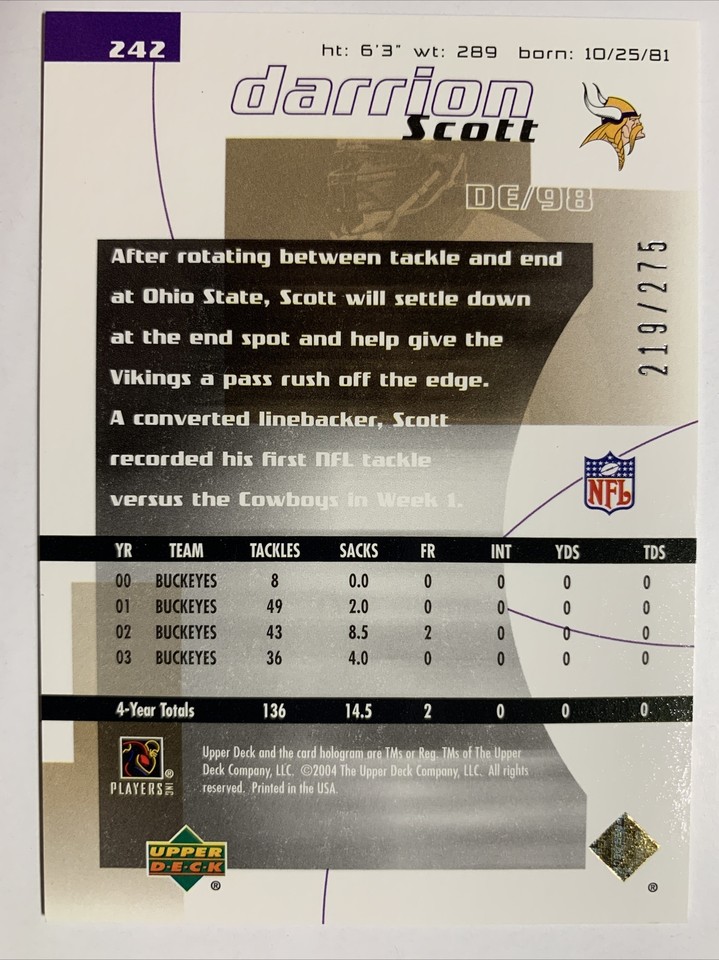 2004 Upper Deck Finite Futures Darrion Scott 219/275 Minnesota Vikings ...