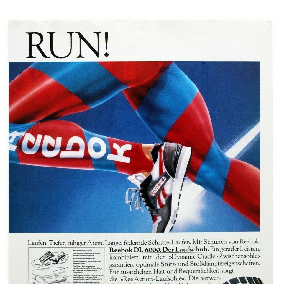 Vintage 1986 Reebok DL 6000 sneakers poster stampa pubblicità calci ...