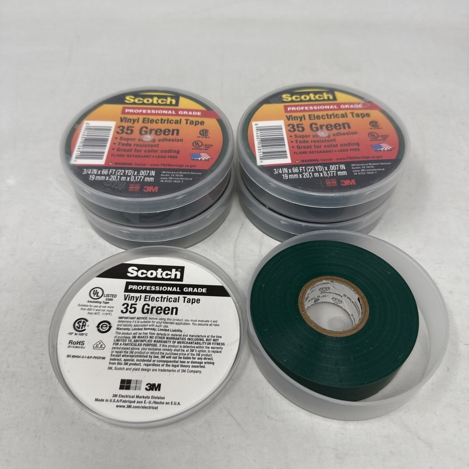 3M Super 35 Scotch Vinyl Electrical Green Color Tape, 3/4 in x 66 ft, 5 ...