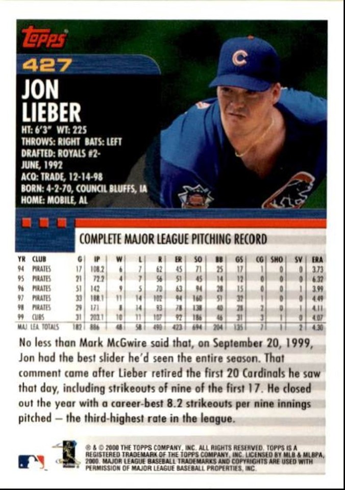 2000 Topps Baseball Card Jon Lieber Chicago Cubs #427 | eBay