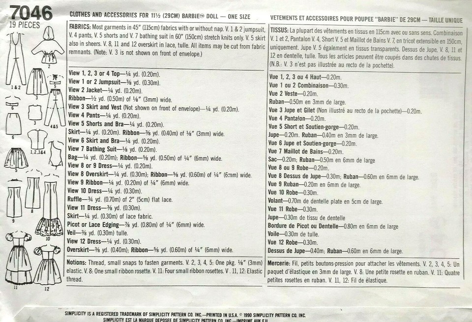 Simplicity Clothes and Accessories Barbie Doll Pattern 7046 Size 11.5 ...