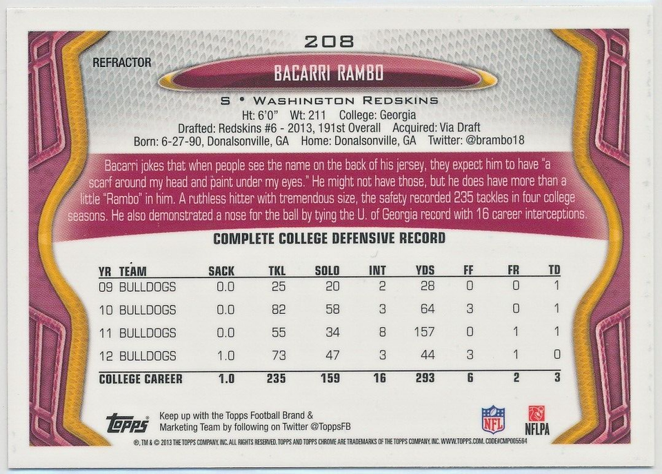 2013 Topps Chrome - Bacarri Rambo - Washington Redskins - REFRACTOR ...