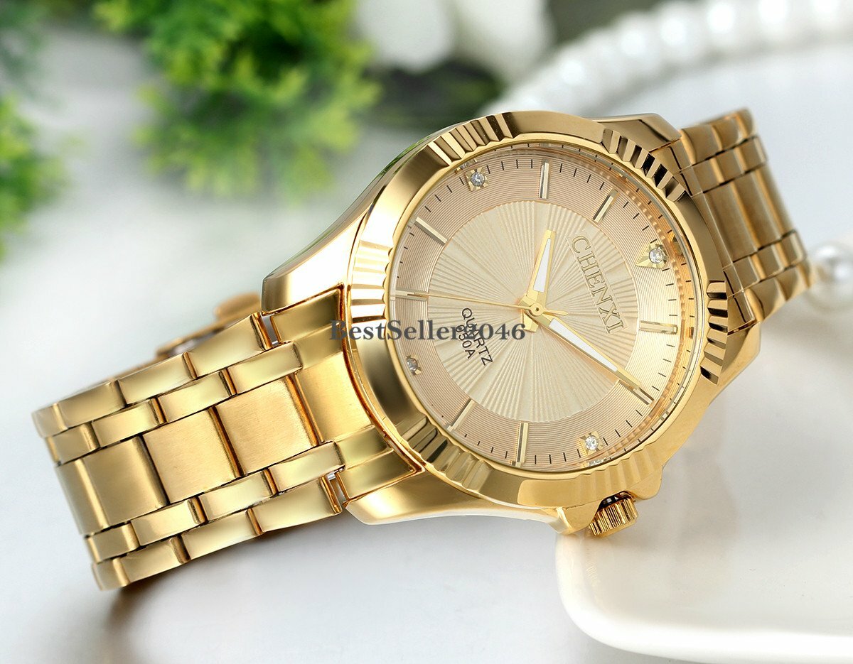 Luxury Men Stainless Steel Gold Tone Quartz Analog Waterproof Sports ...