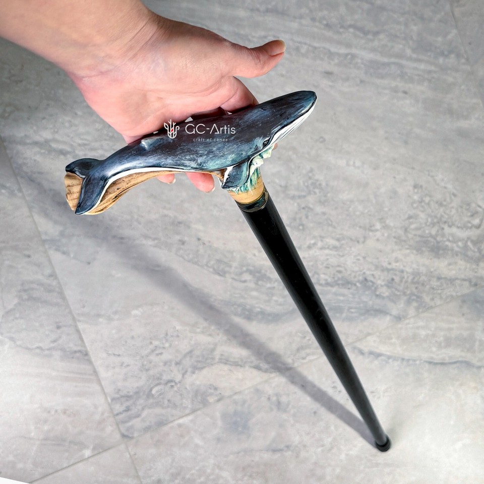 Blue Whale Wooden Walking cane stick Hand Crafted Handle Black Shaft ...