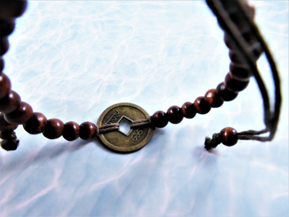 Handcrafted Brown String Bracelet Wooden Beads Faux Asian Coin ...