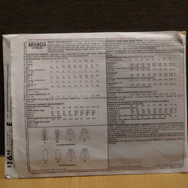 Hilary Duff McCall's Sewing Patterns Women's Skirt & Tops M5803 Size 4 ...