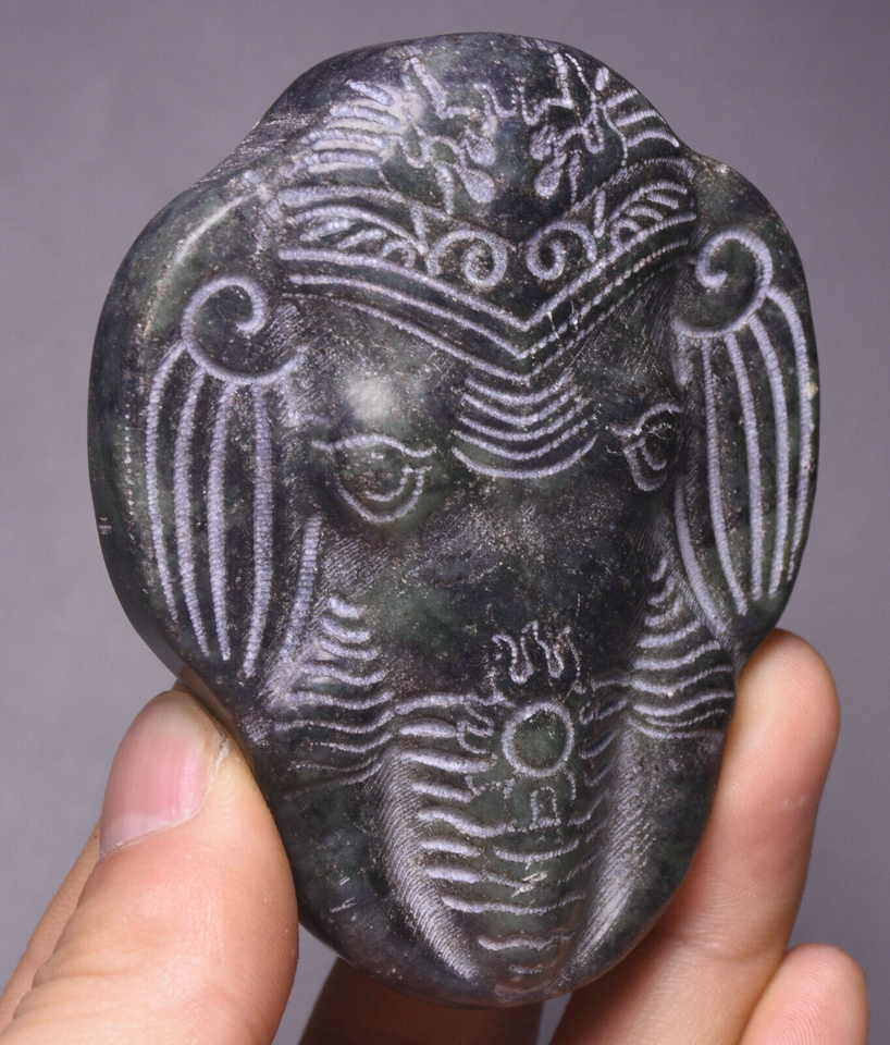 8CM China Hongshan Culture Old Jade Carving Elephant Head Token Amulet ...