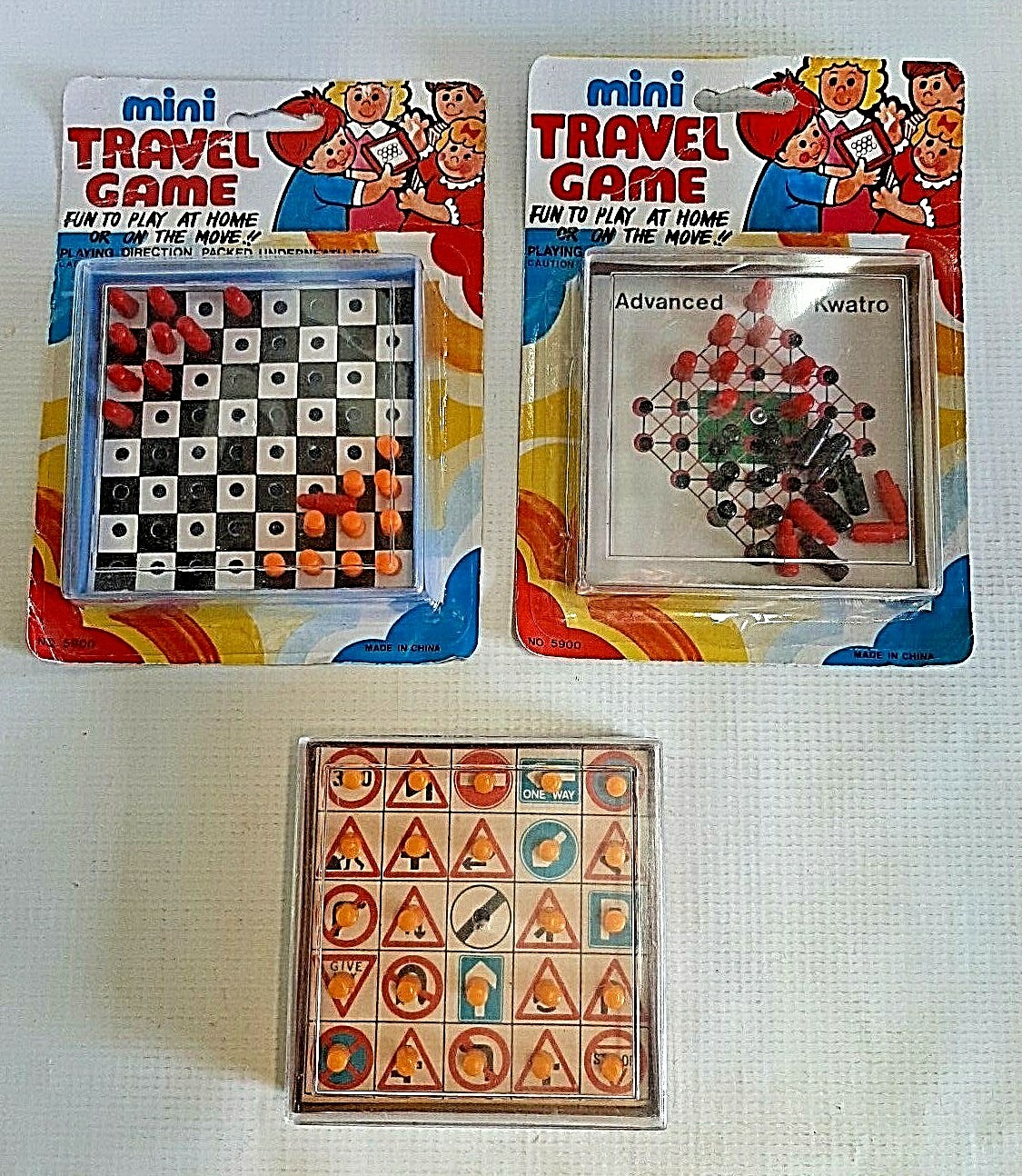 Vintage Lot of 3 Mini Travel Games: Kwatro, Checkers & Street Sign Toy ...