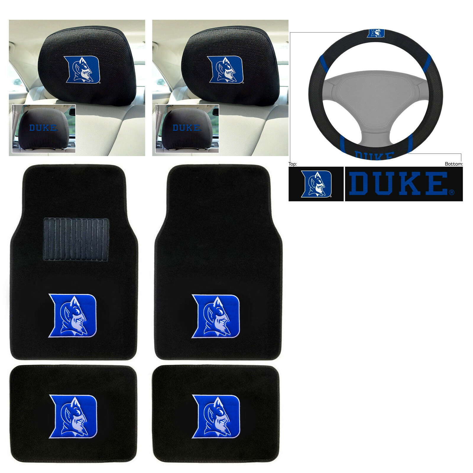 7pc NCAA Duke Blue Devils Floor Mats Steering Wheel Cover Headrest ...