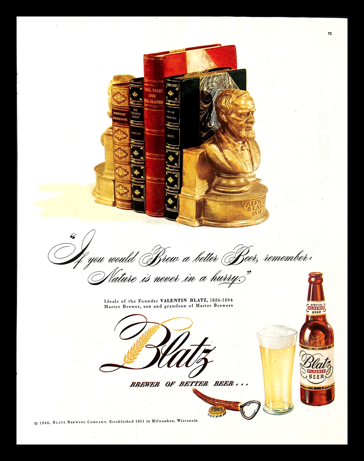 1946 Blatz Pilsener Beer Vintage PRINT AD Founder Valentin Blatz Master ...