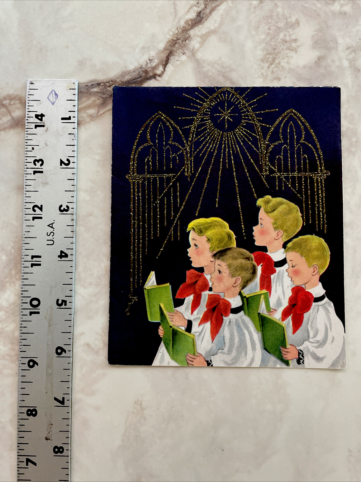 50s Church Choir Boys Gold Glitter Church Archways Vtg Christmas Card ...