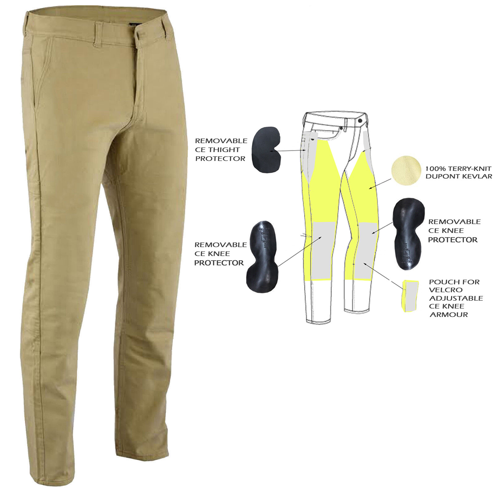 Mens Chino Tan Motorcycle Motorbike CE armoured Jeans Lined with KEVLAR ...