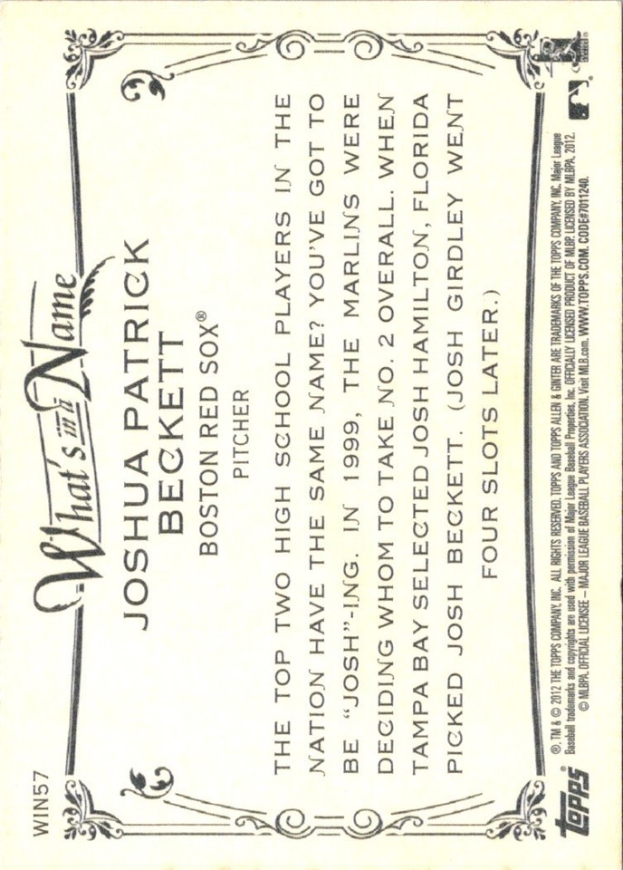 2012 Topps Allen & Ginter What's in a Name? Josh Beckett #WIN57 Boston Red Sox | eBay