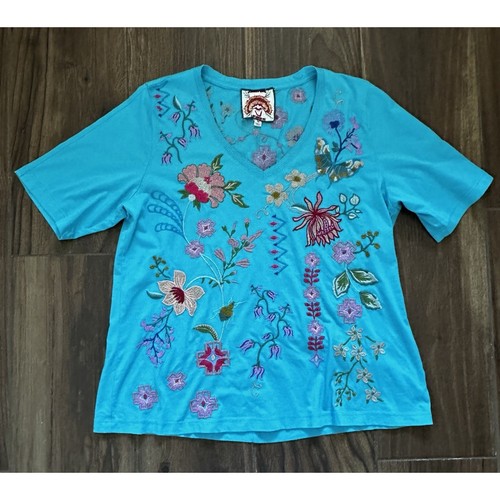 Johnny Was Maureen Trapunto 3/4 Tee Shirt Floral Embroidered Top Scuba ...