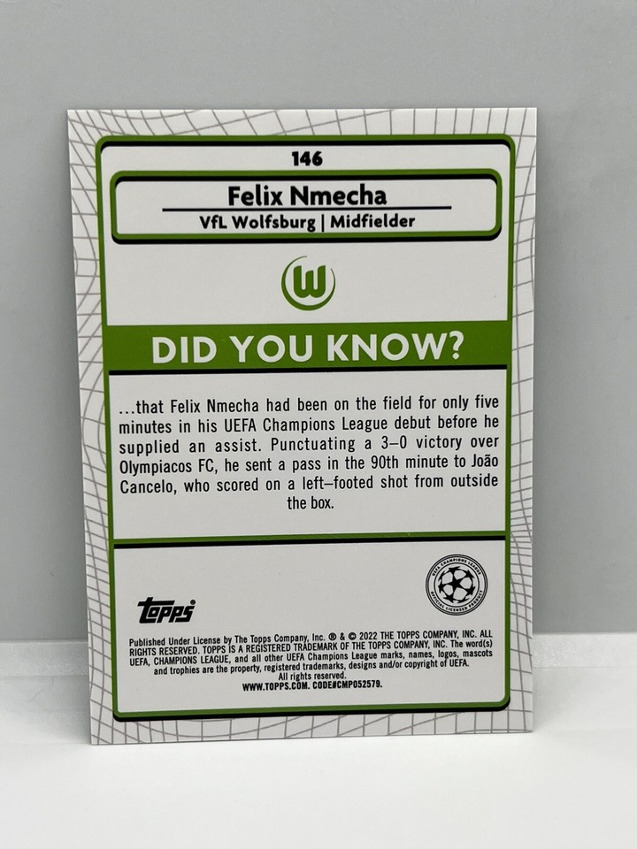 2021-22 Topps Merlin Chrome Felix Nmecha ROOKIE #146 Base VFL Wolfsburg ...