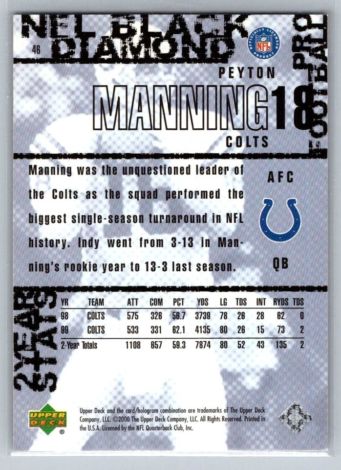 2000 Upper Deck Black Diamond Peyton Manning #46 Indianapolis Colts HOF ...
