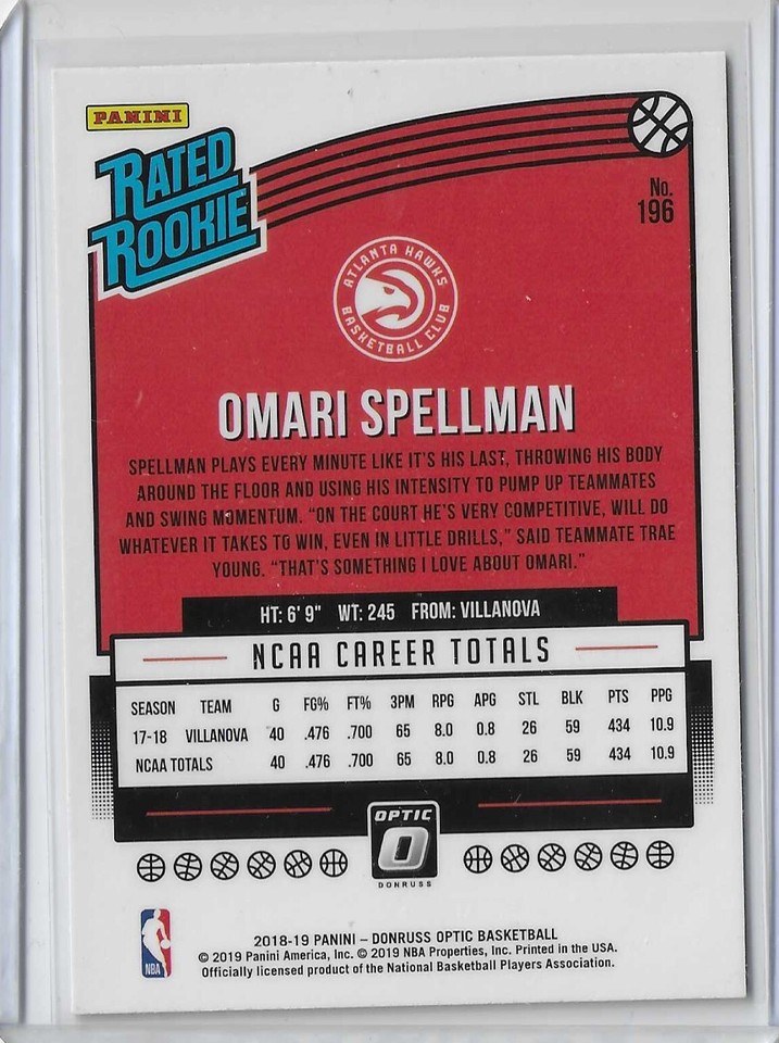 2018-19 Panini Donruss Optic Basketball Omari Spellman Rookie Card #196 ...