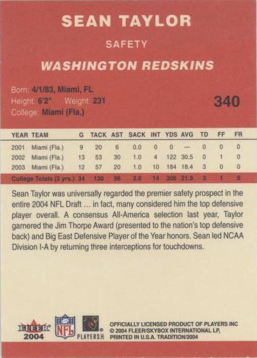 2004 Fleer Tradition Sean Taylor #340 for sale | eBay