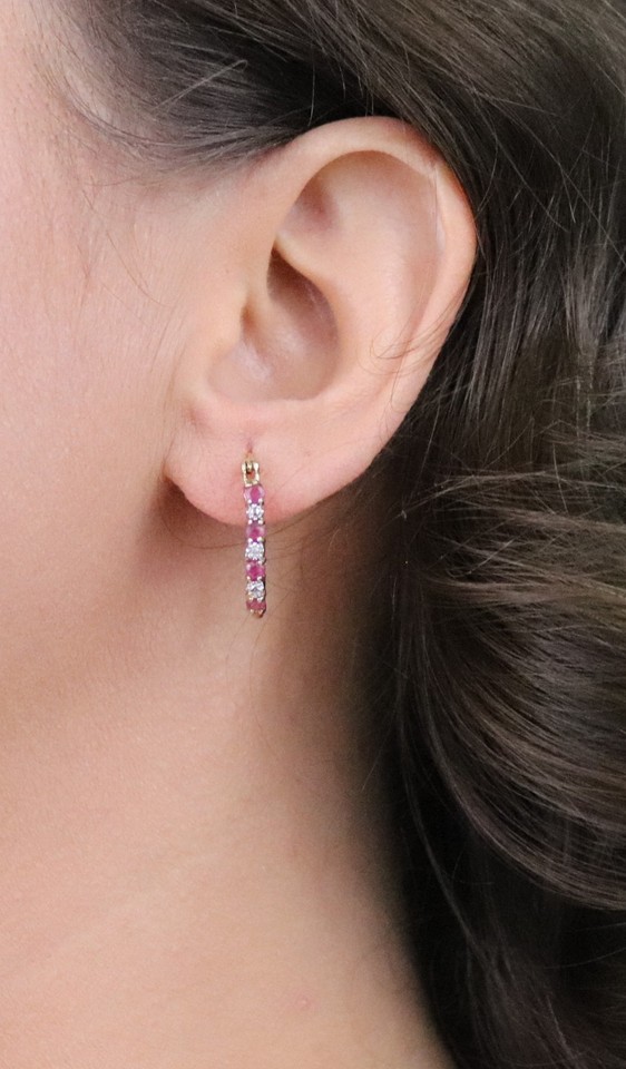 18k Gold Over Sterling Silver Natural Ruby & Diamond Hoop Earrings 3/4 ...