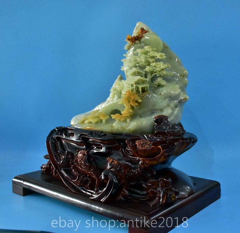 15.6"China Natural Xiu Jade Carve Mountain Tree Bridge People House ...